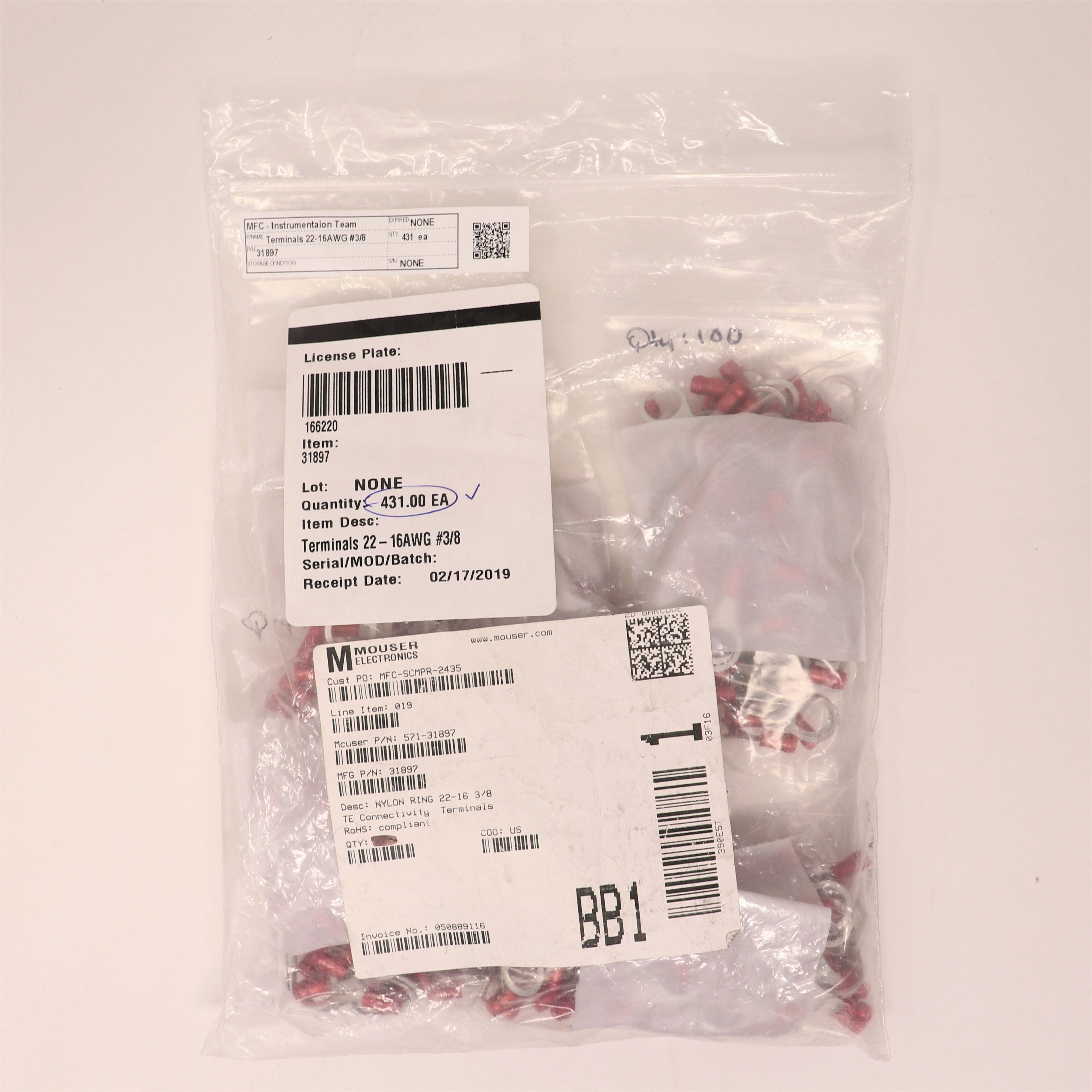 431 Pack TE Connectivity Ring Crimp Terminal 31897