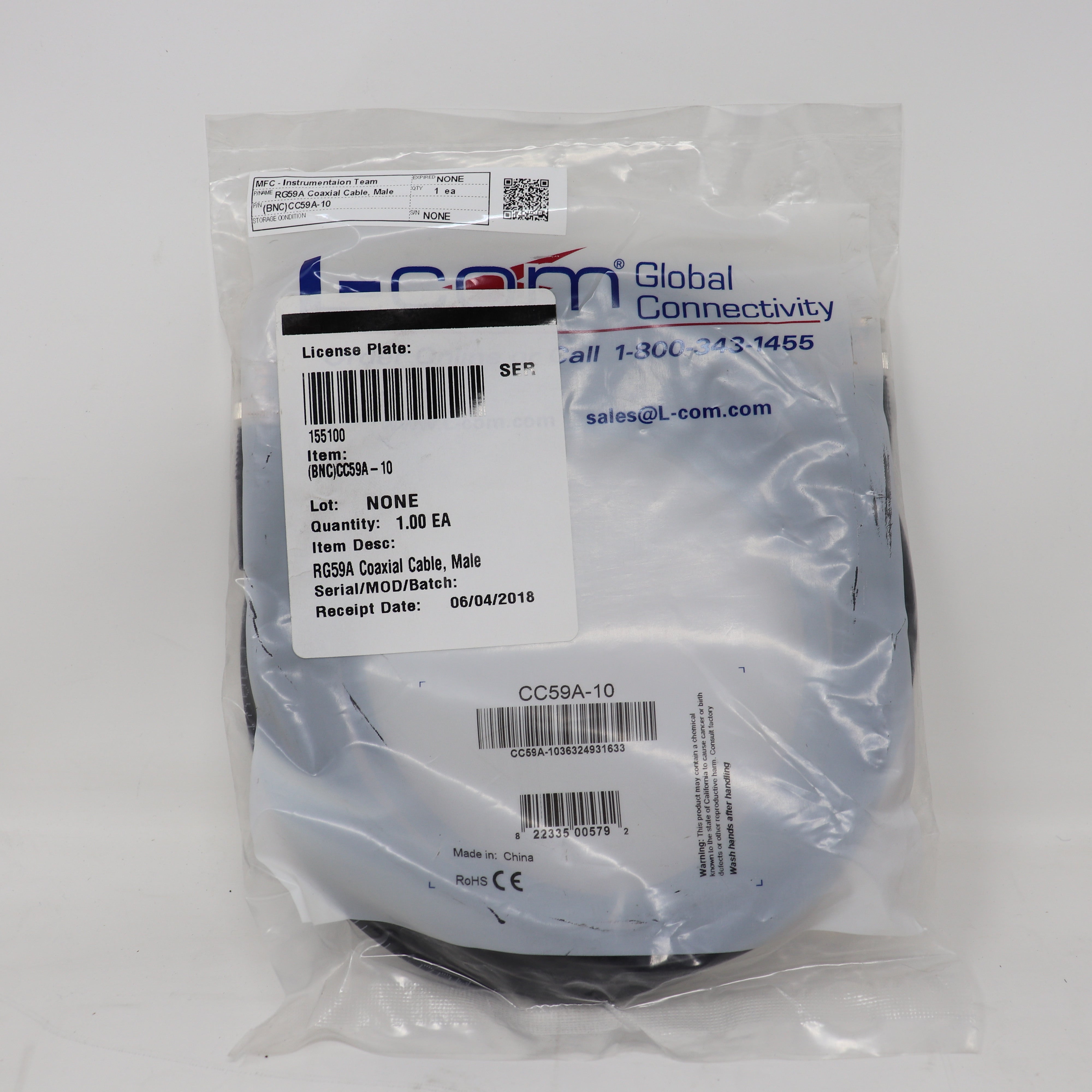 L-Com Coaxial RF Cable RG59A BNC Male / Male 15.0 ft CC59A-15