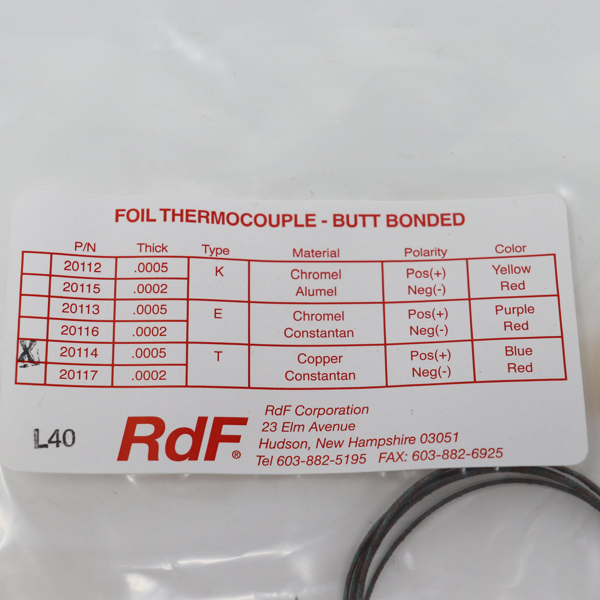 RDF Corp Fast Response Type T Laminated Foil Thermocouple - Butt Bonde