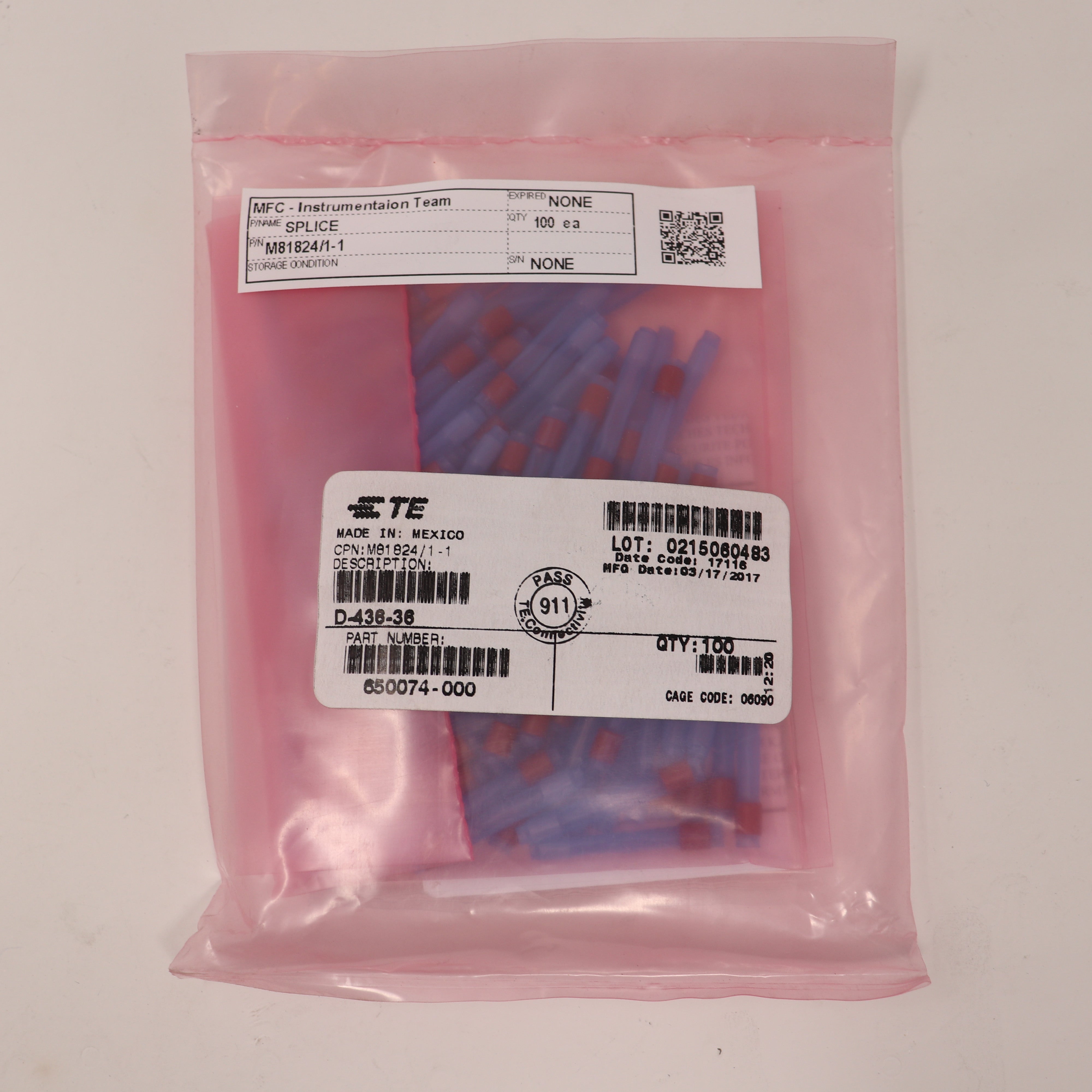 (100) Pack TE Connectivity Butt Splice M81824/1-1