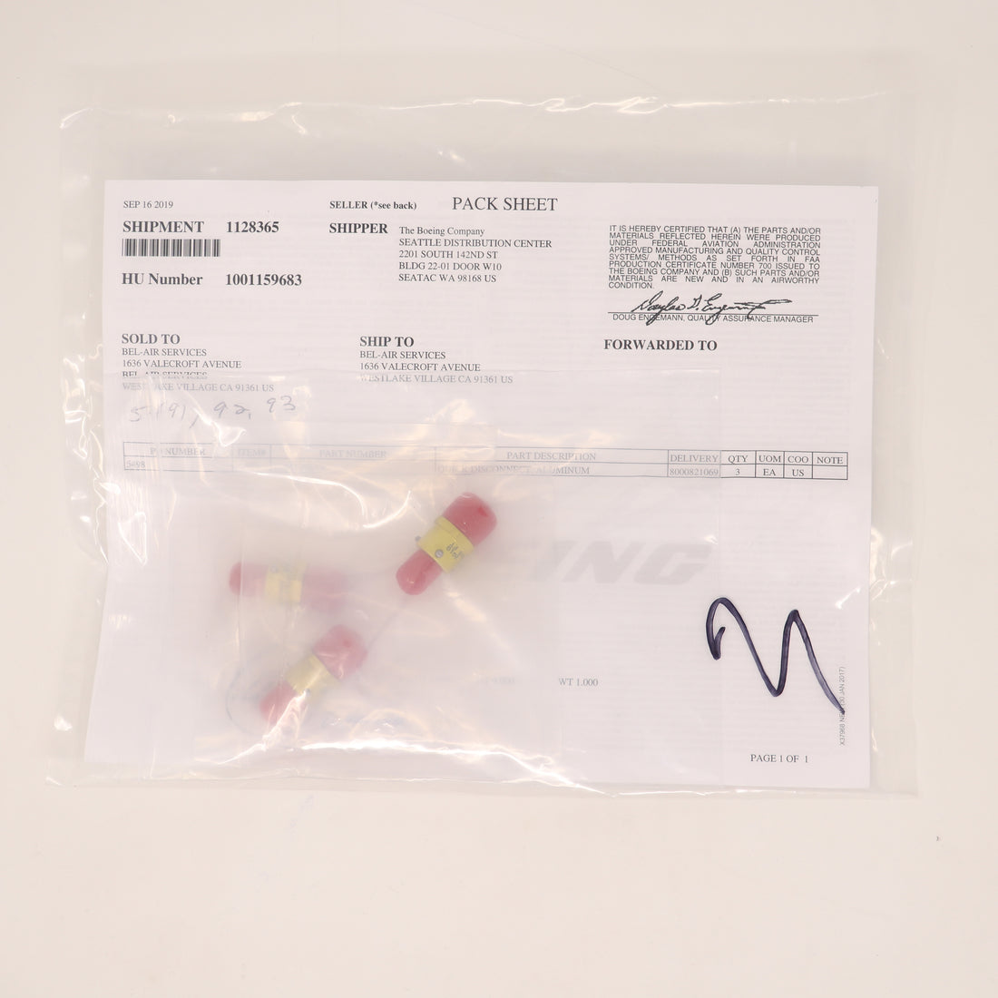 (3) Pack Boeing Hydraflow Quick Disconnect Fitting 1QM1-3-64A