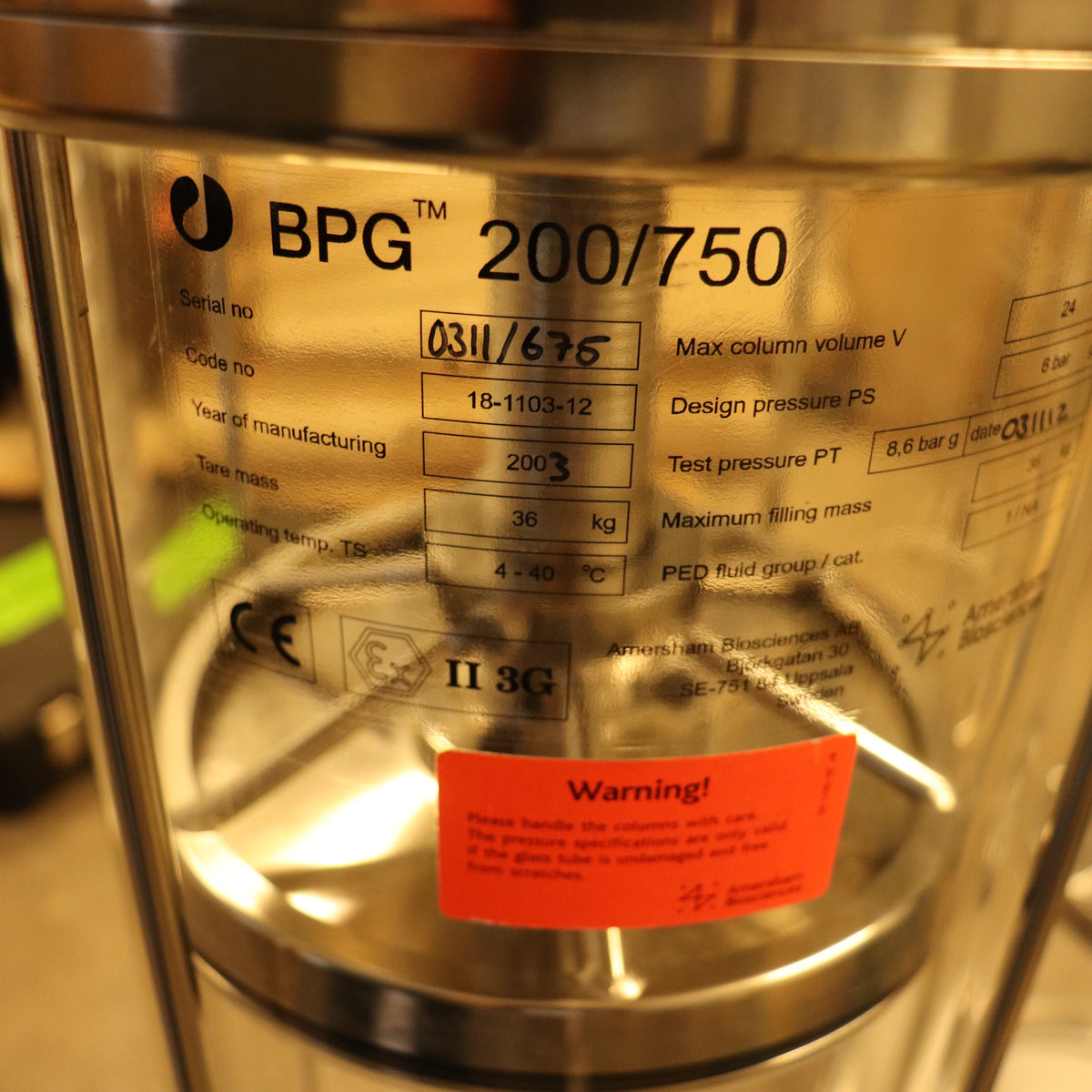 Lot of (2) Cytiva GE BPG Glass Chromatography Columns 24L 200/750